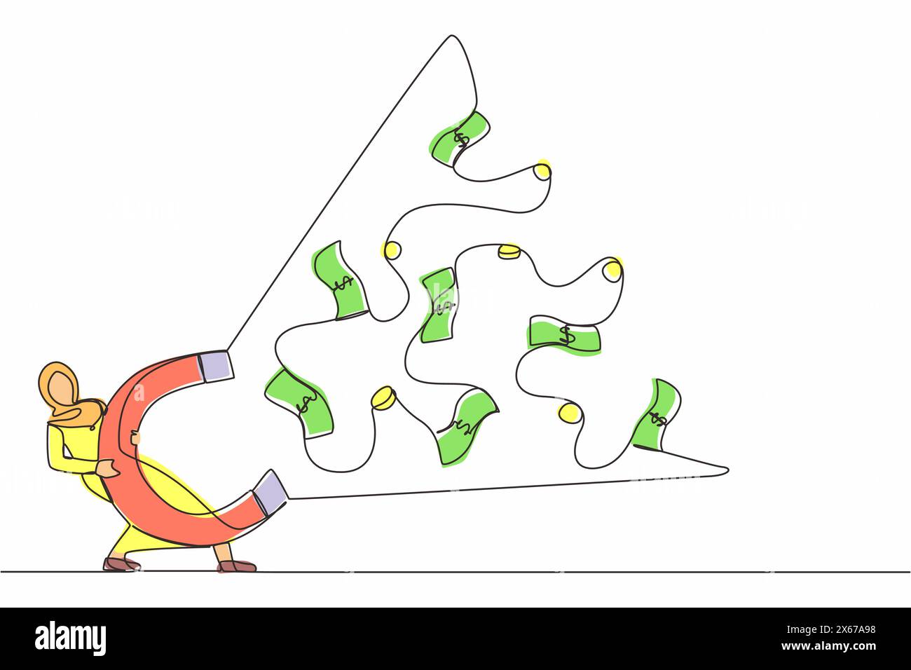 Single one line drawing Arabian businesswoman using big magnet to ...