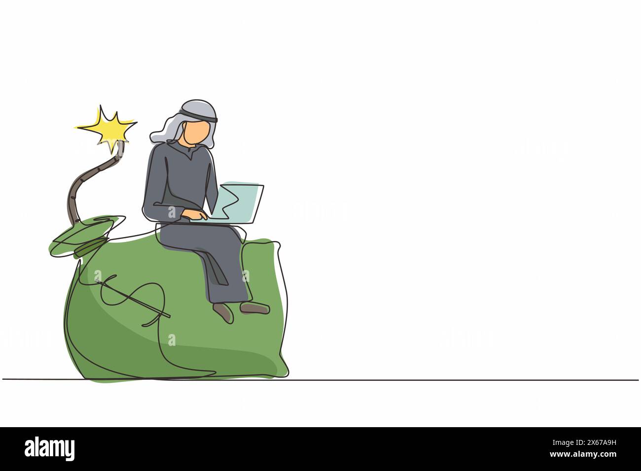 Single one line drawing Arab businessman sitting on huge bomb with ...