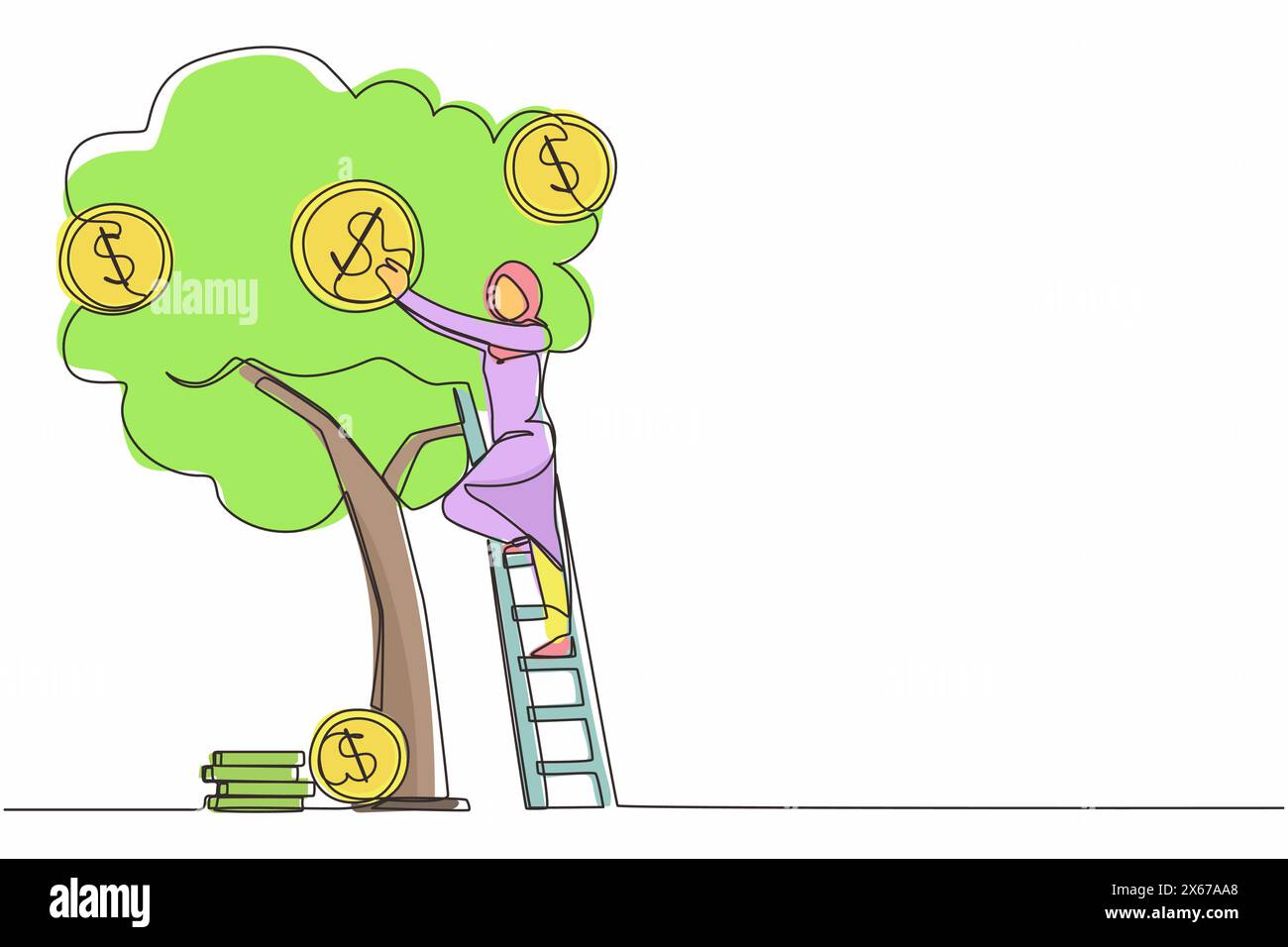 Single one line drawing Arabic businesswoman picking dollars from money ...