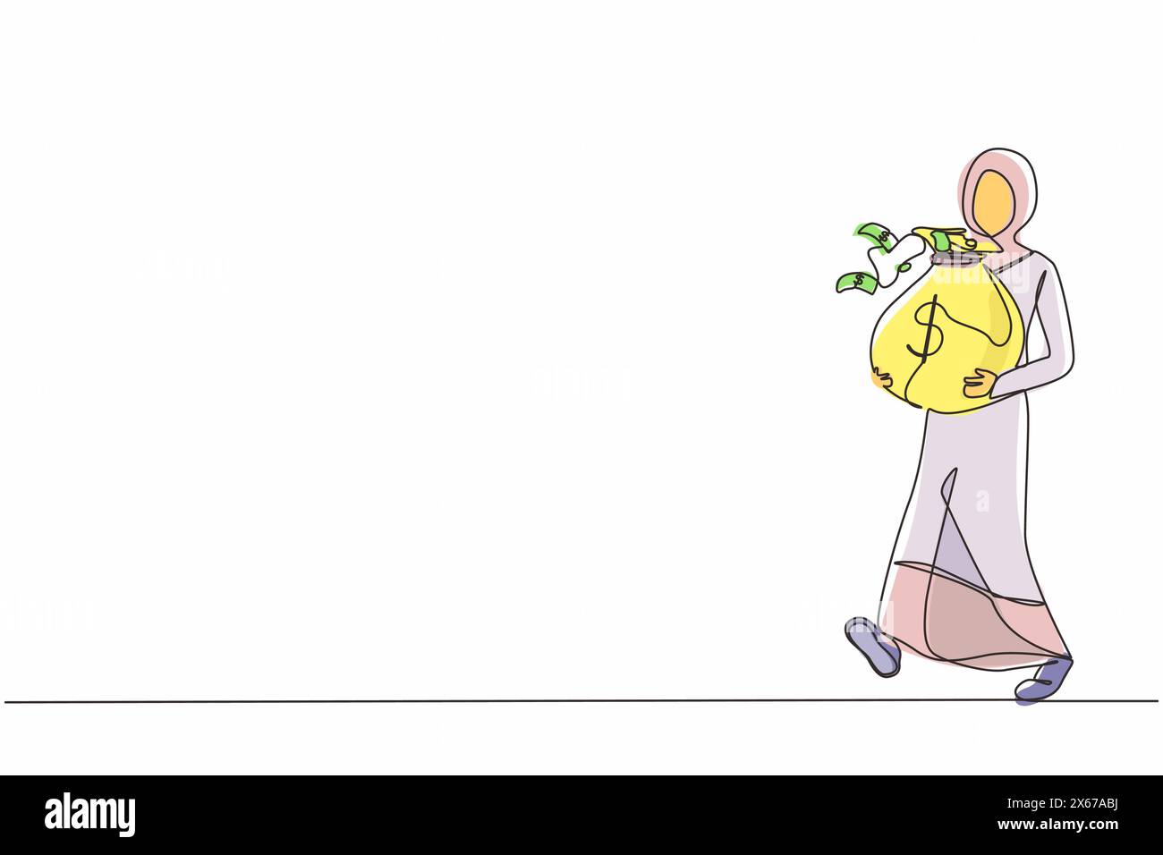 Continuous one line drawing happy Arabian businesswoman walking and ...