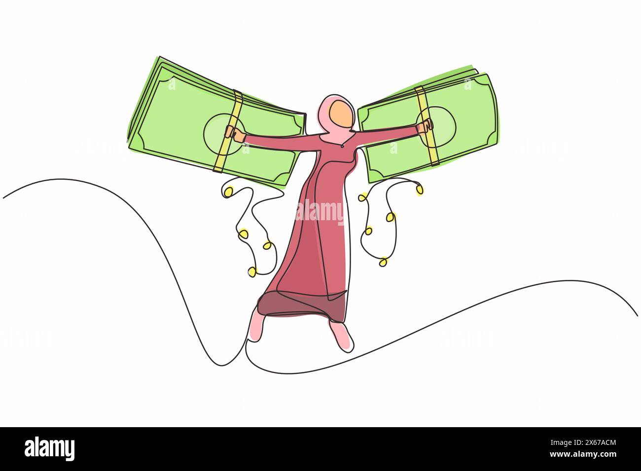 Single continuous line drawing Arab businesswoman flying on money wings ...