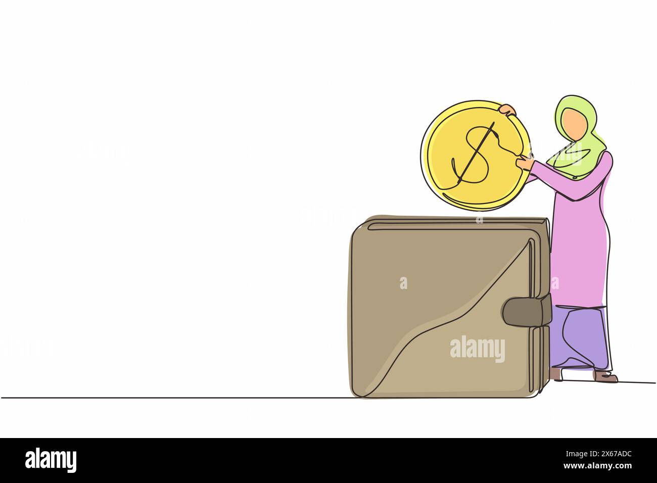 Single one line drawing Arab businesswoman putting dollar coin into big ...
