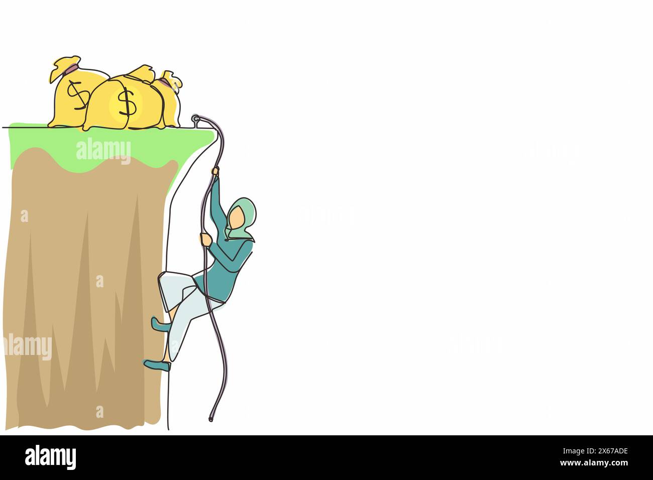 Continuous one line drawing Arabian businesswoman doing rope climbing ...