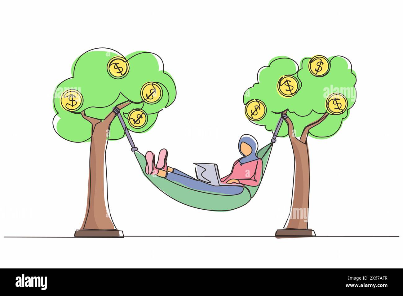 Single one line drawing happy rich Arab businesswoman typing with ...