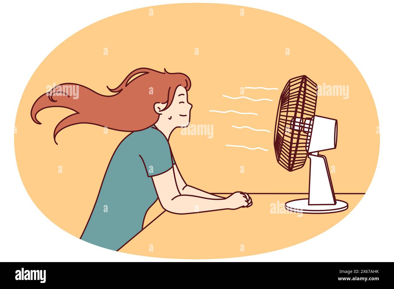 Woman sitting in front of fan enjoying cold wind after walking in hot ...