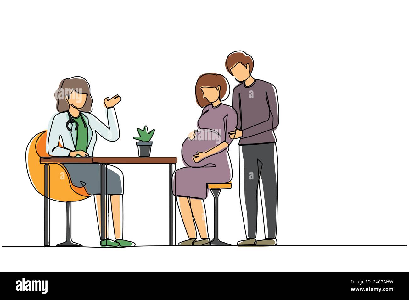 Single one line drawing family expecting child visiting doctor isolated ...
