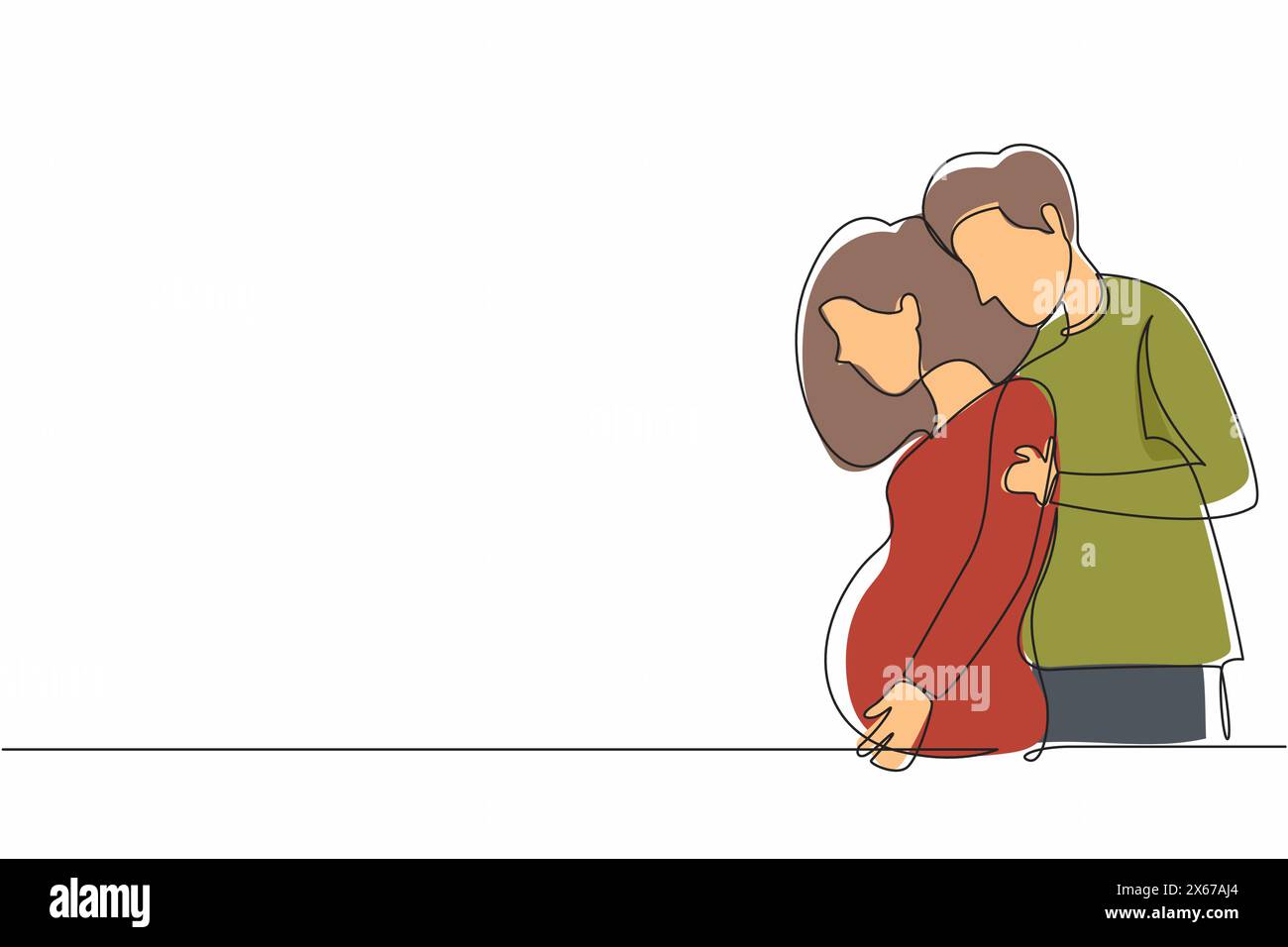 Continuous one line drawing man or husband carefully embraced pregnant ...