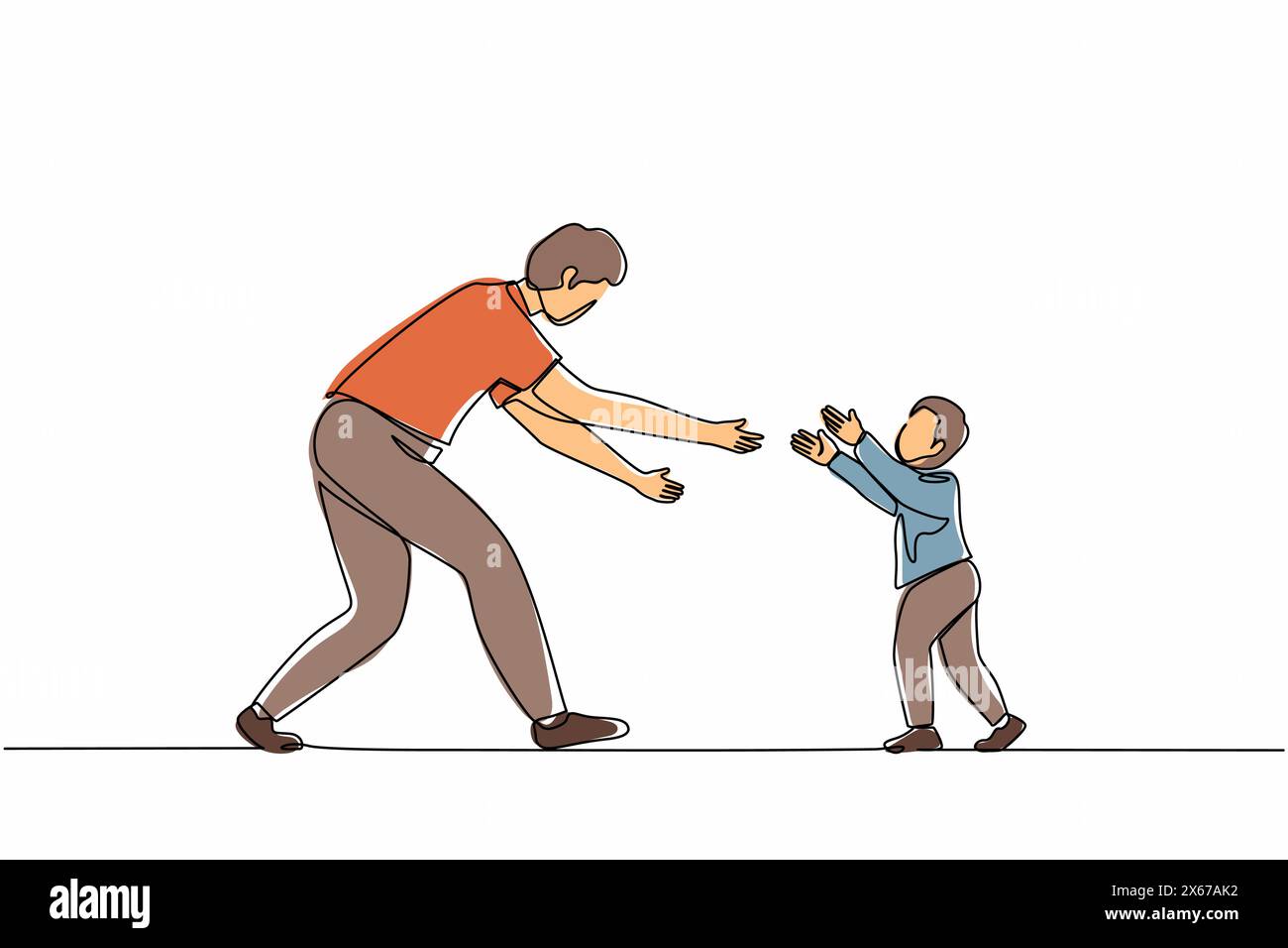 Continuous one line drawing little boy running to his dad. Child happy ...