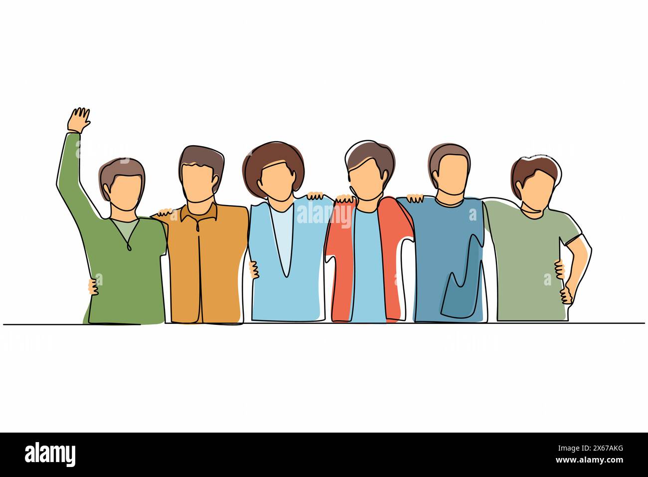 Single continuous line drawing group of young men are hugging. Male ...