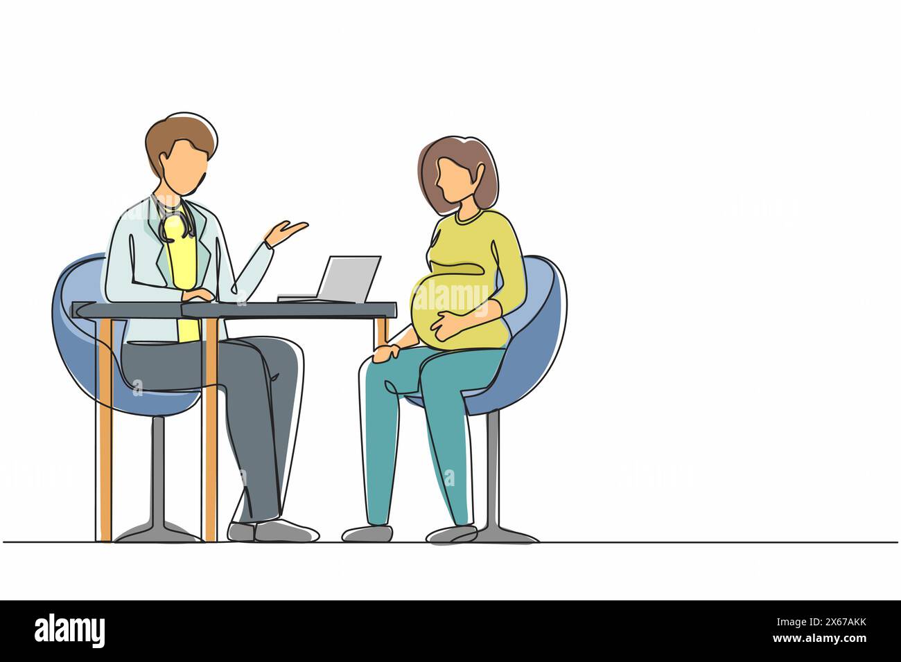 Single continuous line drawing pregnant woman on consultation with ...