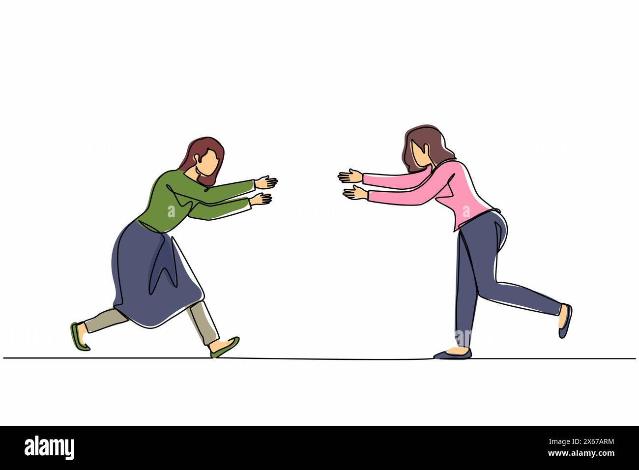 Single one line drawing happy girls meeting after long time, run ...