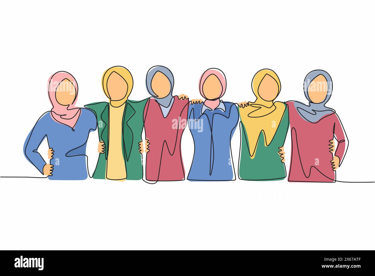 Continuous one line drawing group of Arabian women hugging. Female ...