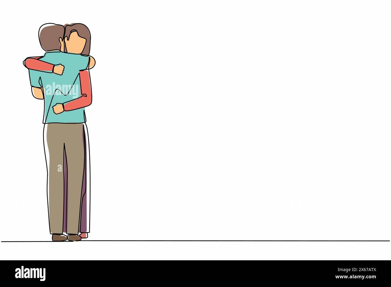 Single one line drawing excited wife embracing beloved husband at home ...