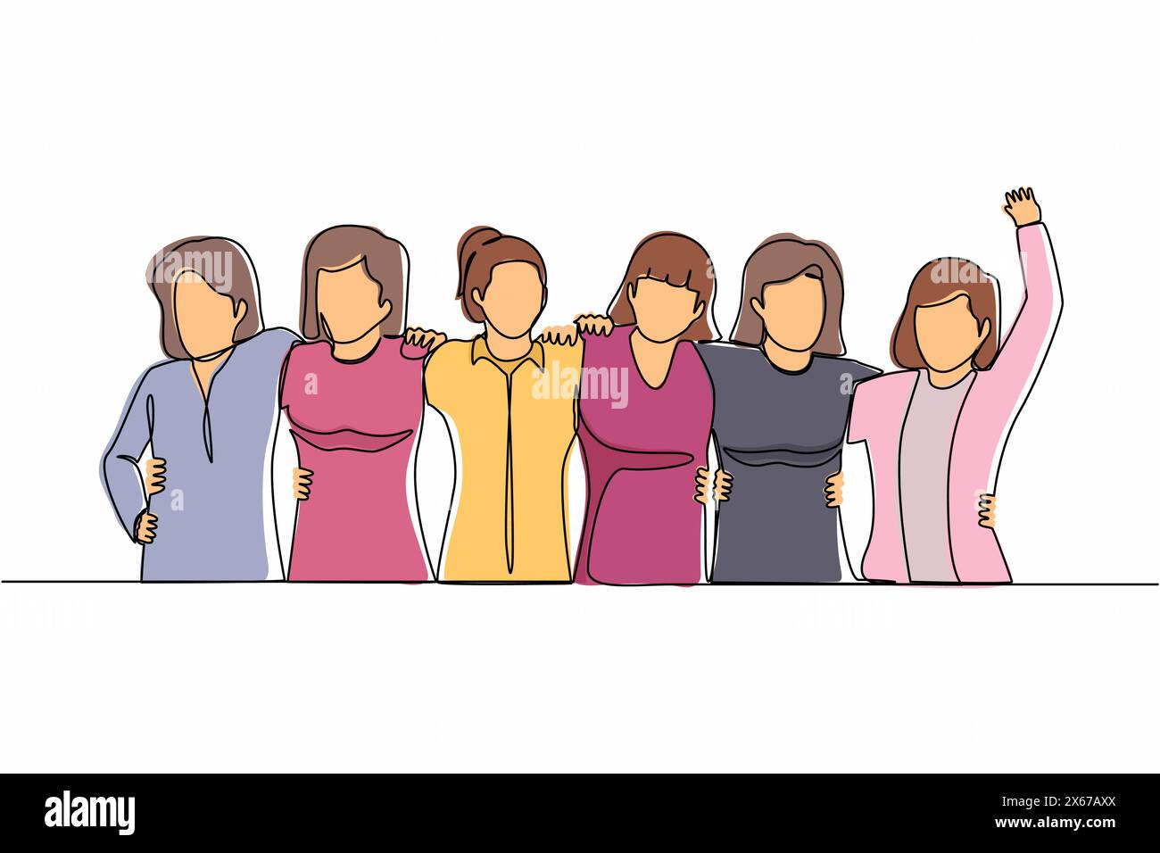 Continuous one line drawing group of women are hugging. Female together ...
