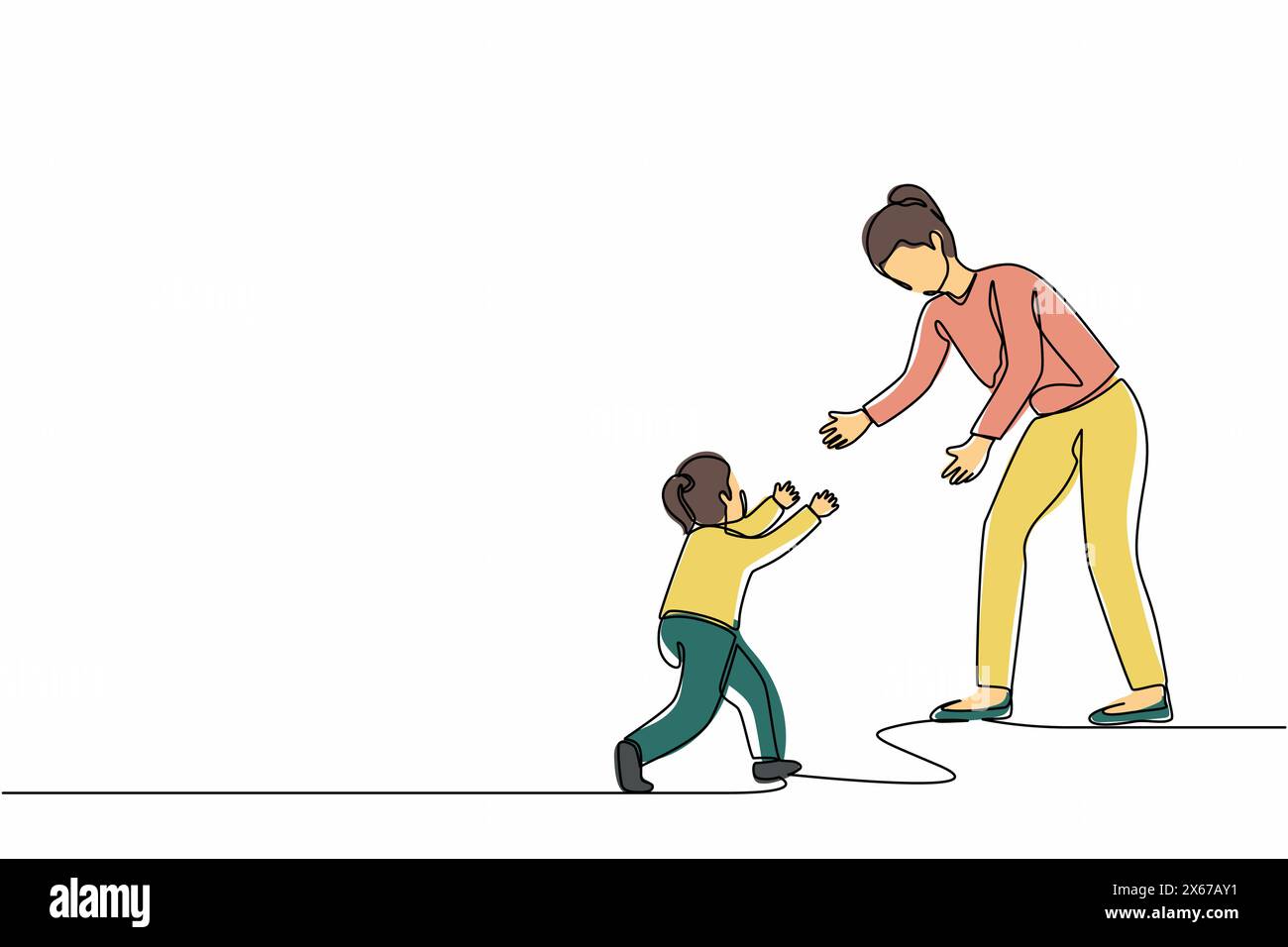 Continuous one line drawing mom and little daughter running to each ...