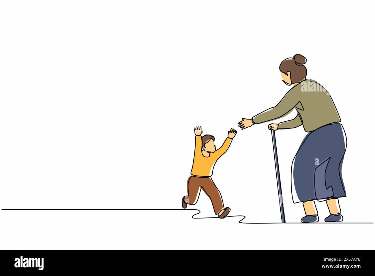 Single continuous line drawing joyful little boy meeting their ...