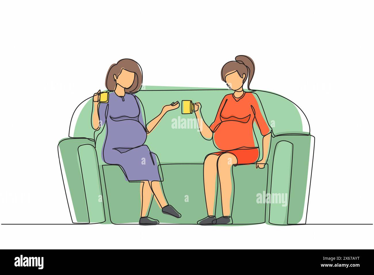Single one line drawing two girls are sitting on couch. They drink tea ...