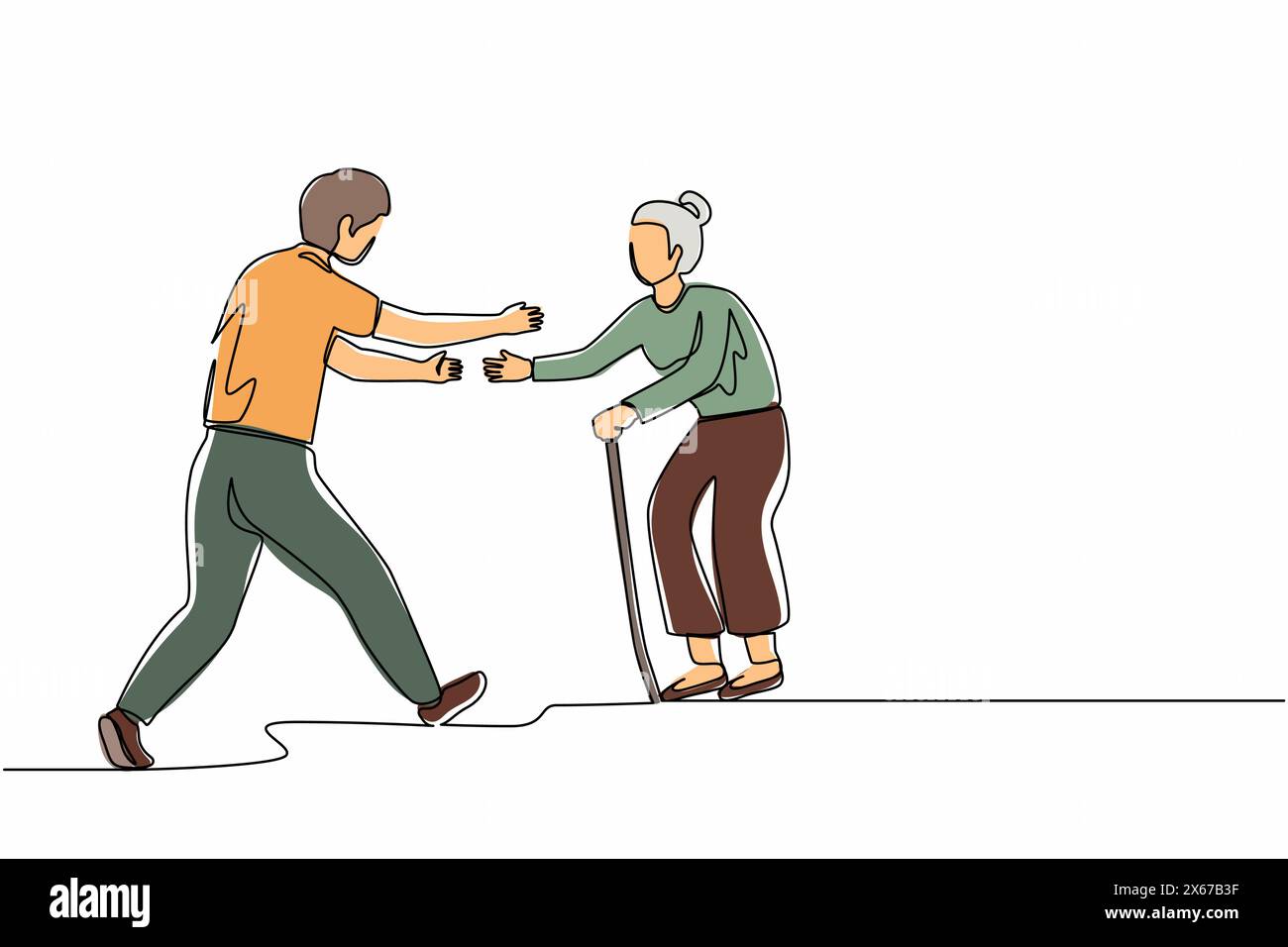 Single continuous line drawing happy man running to meet grandmother ...