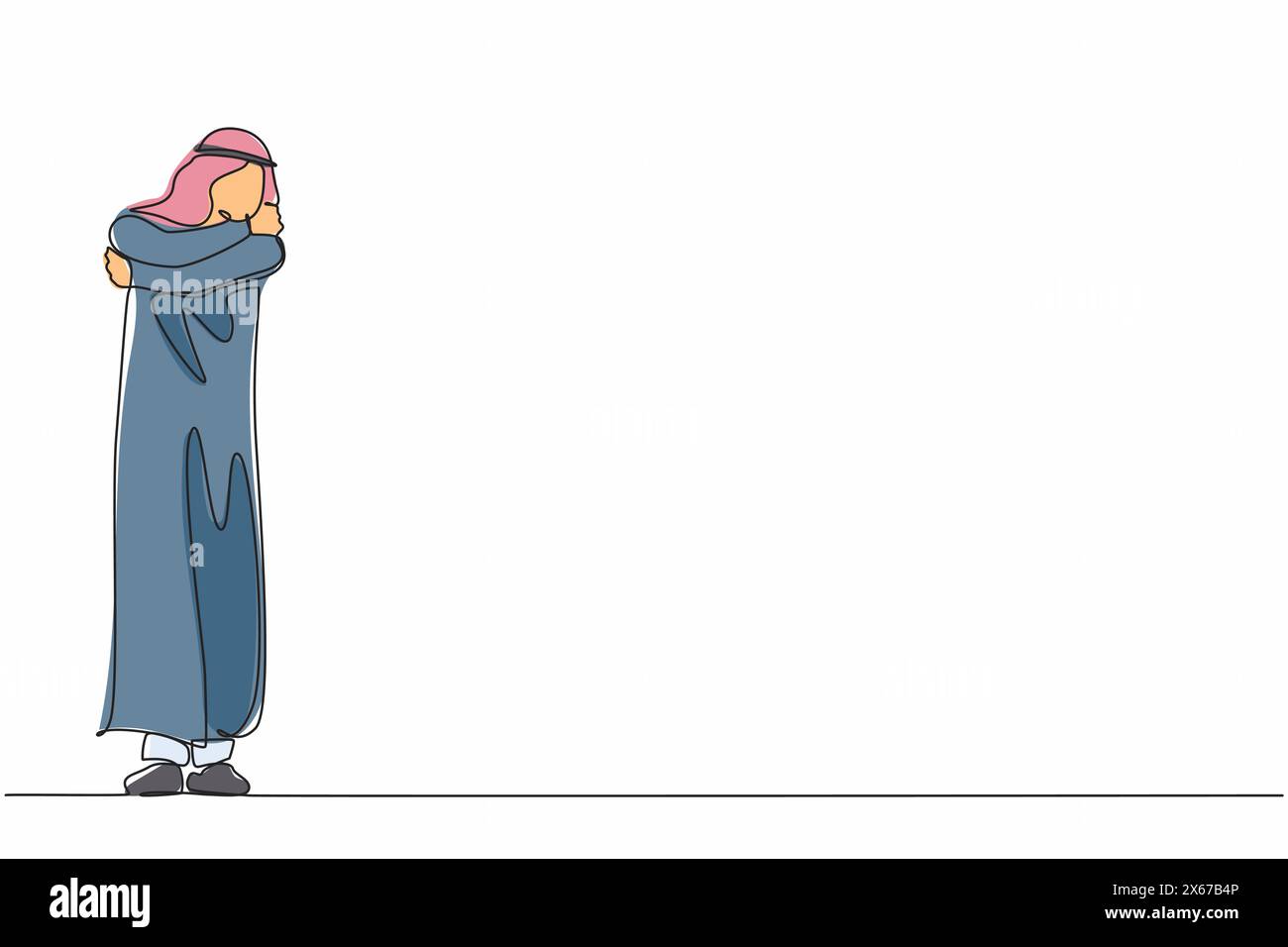 Continuous one line drawing man hugging himself with positive emotion ...