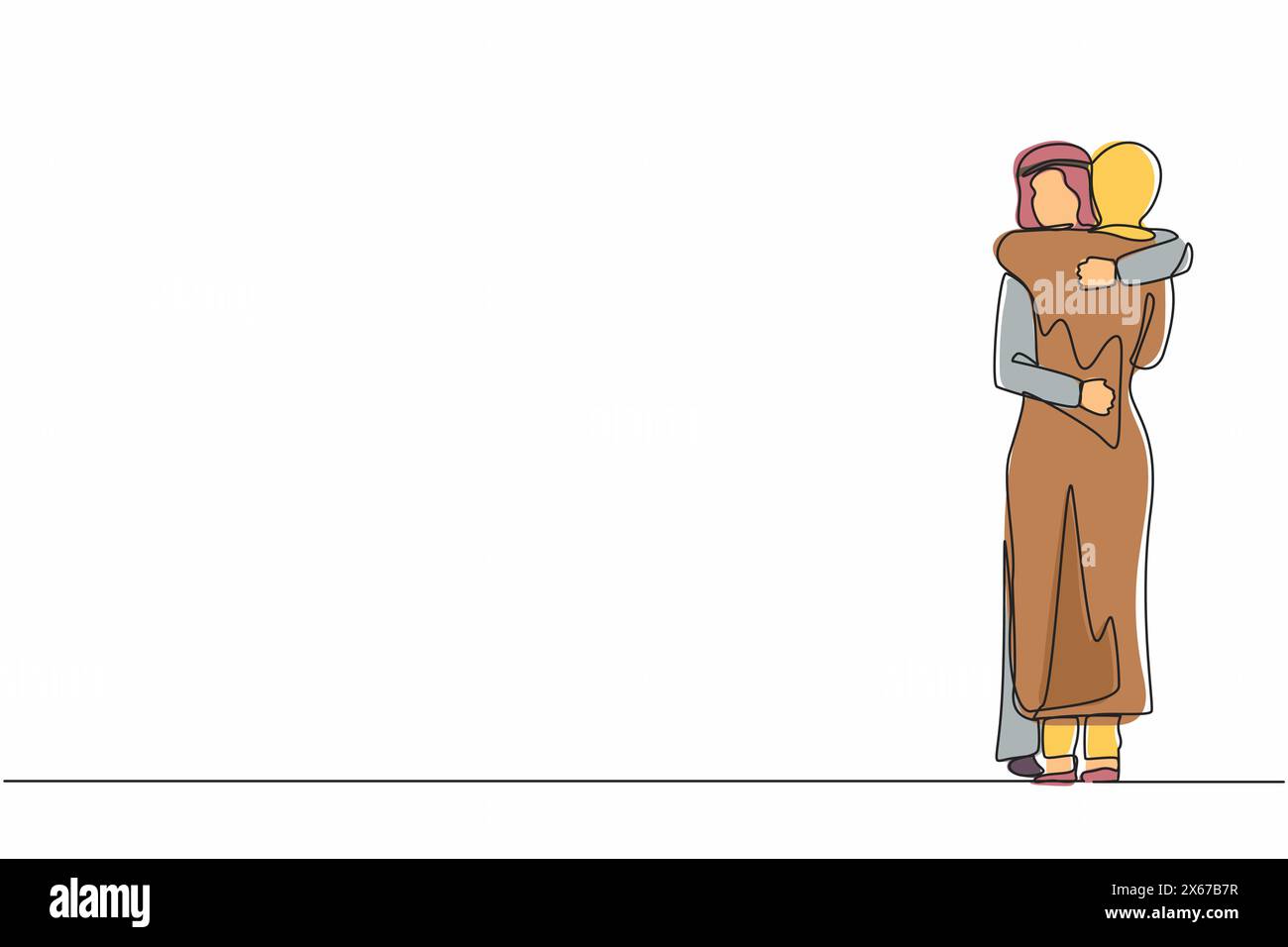 Single one line drawing young Arab woman gives warm hug to her husband ...
