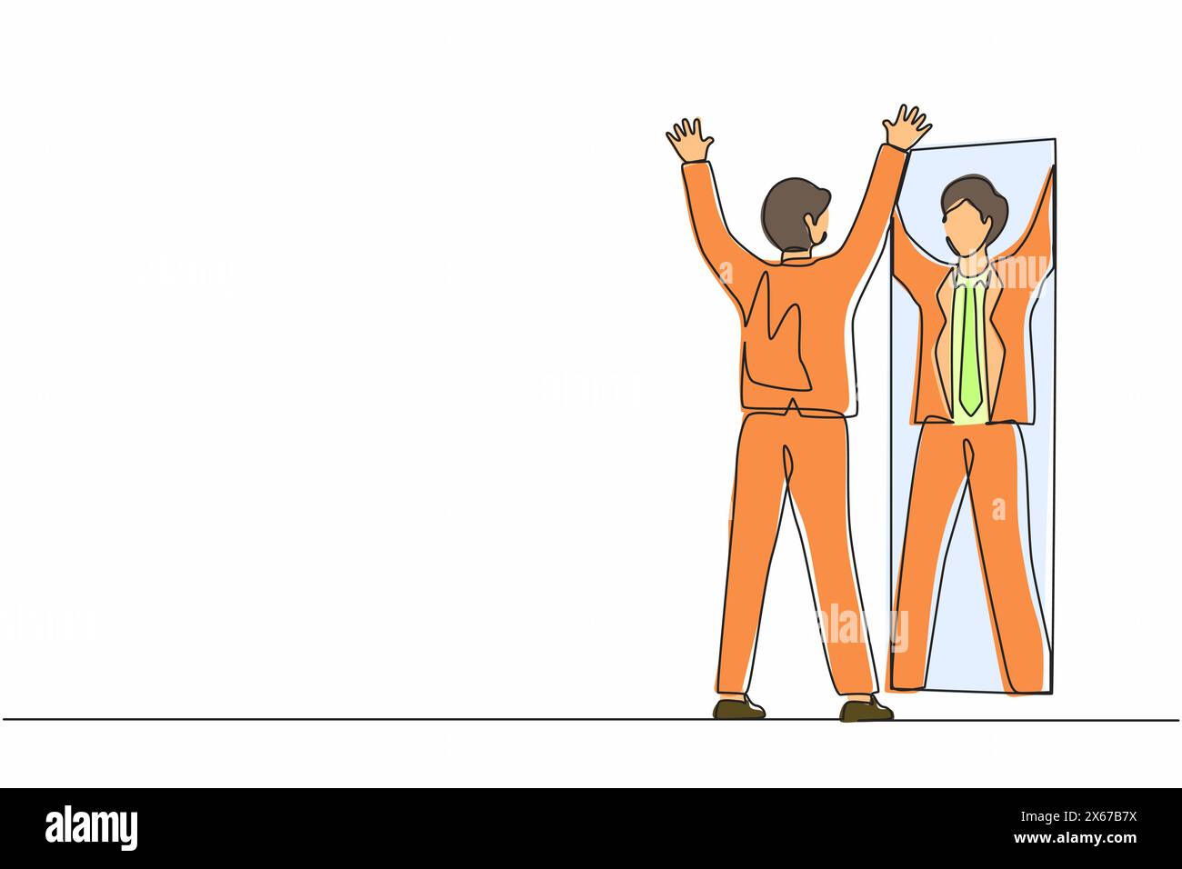 Single continuous line drawing happy businessman look in mirror with ...