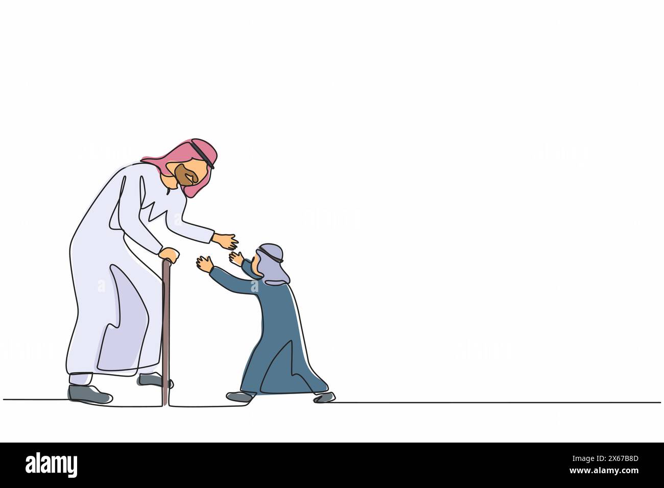 Single one line drawing happy little boy running to hug his grandfather ...