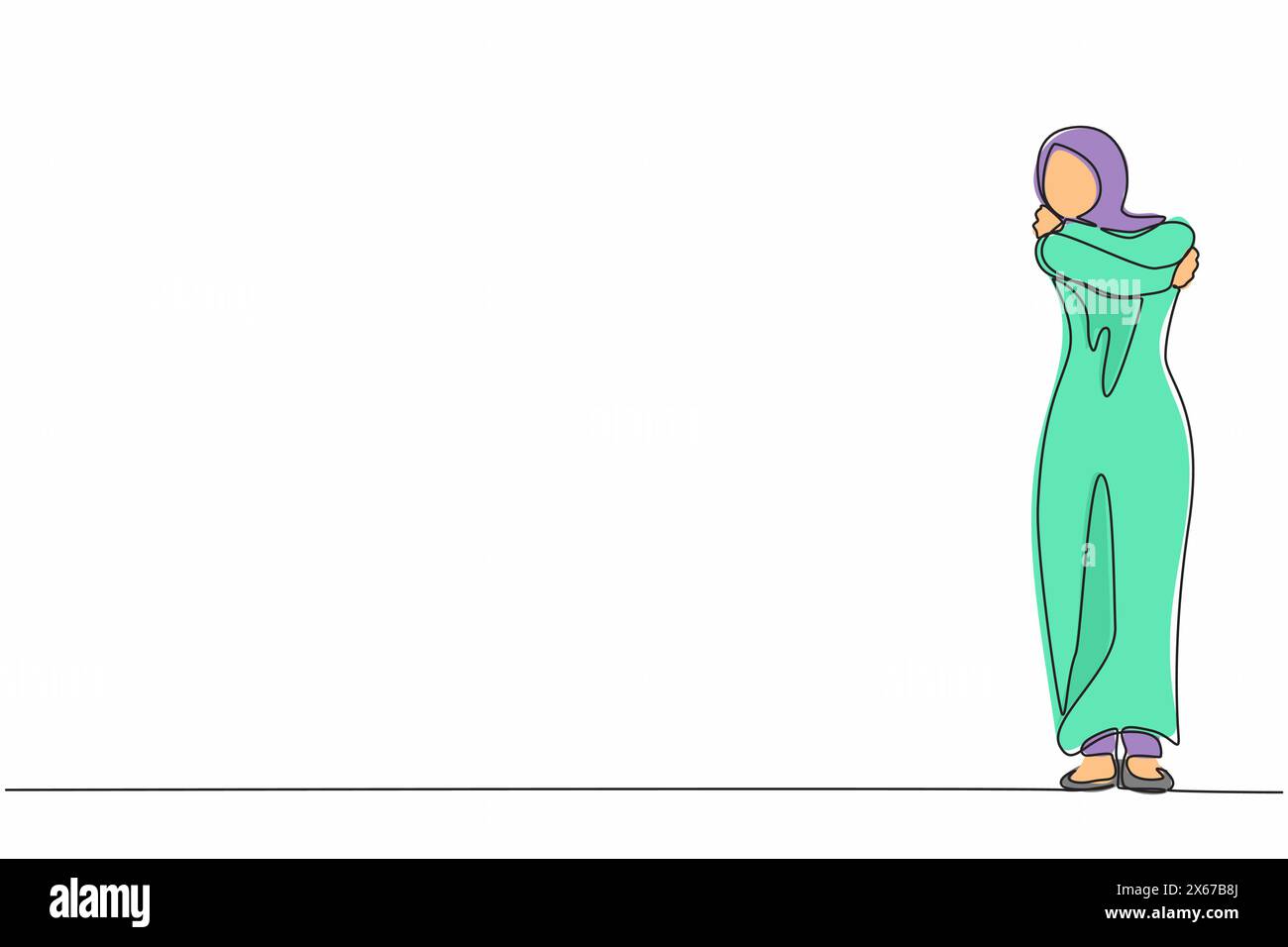 Continuous one line drawing love yourself. Arab woman hugging oneself ...