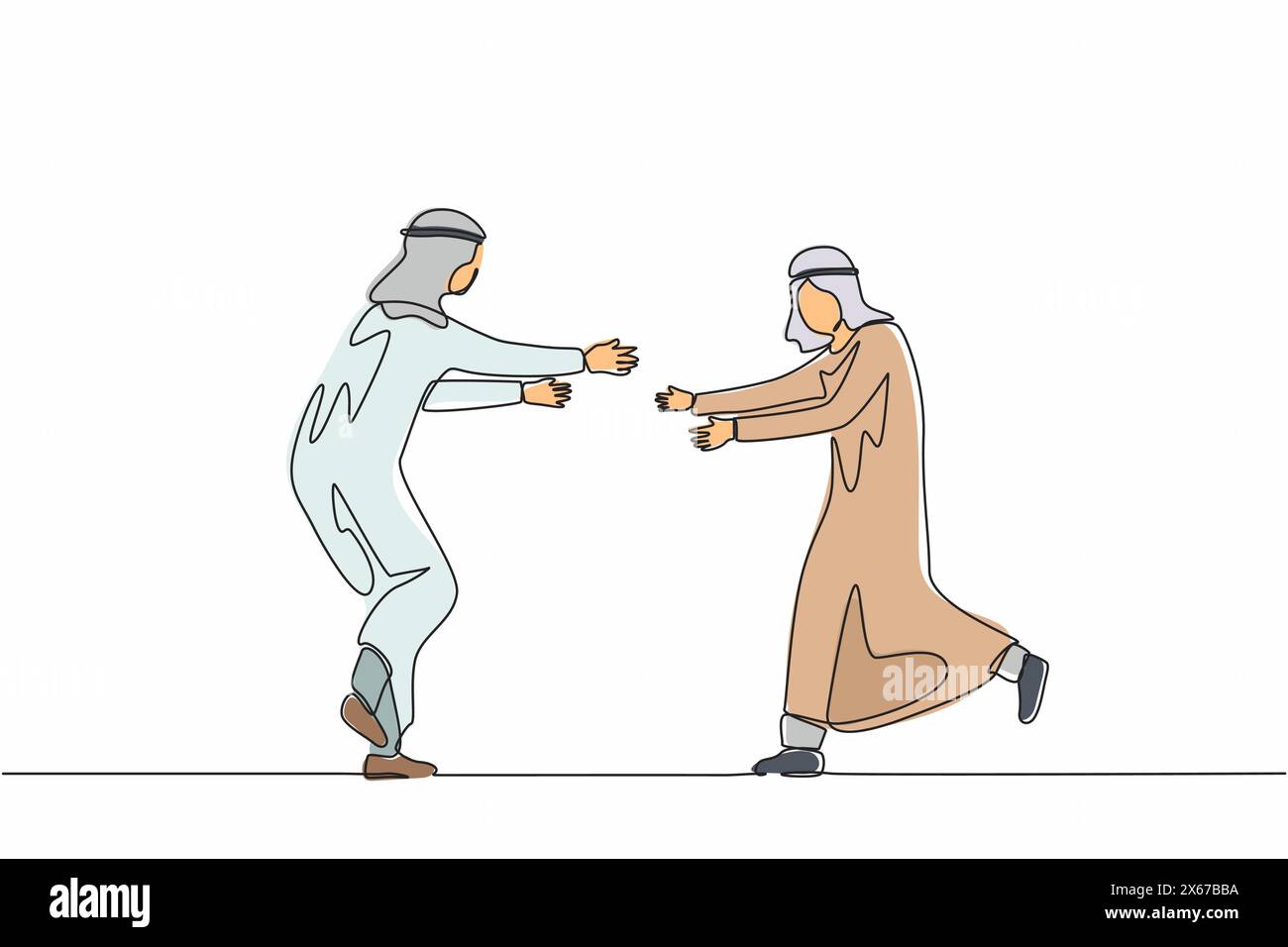 Single continuous line drawing two happy Arabian guys run to meet each ...