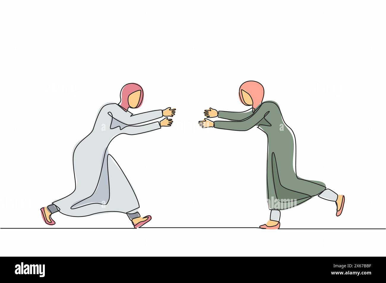 Continuous one line drawing happy Arab girls meeting after long time ...