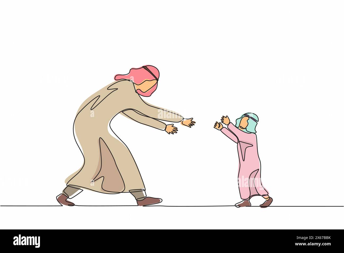 Continuous one line drawing little boy running to his dad. Child happy ...