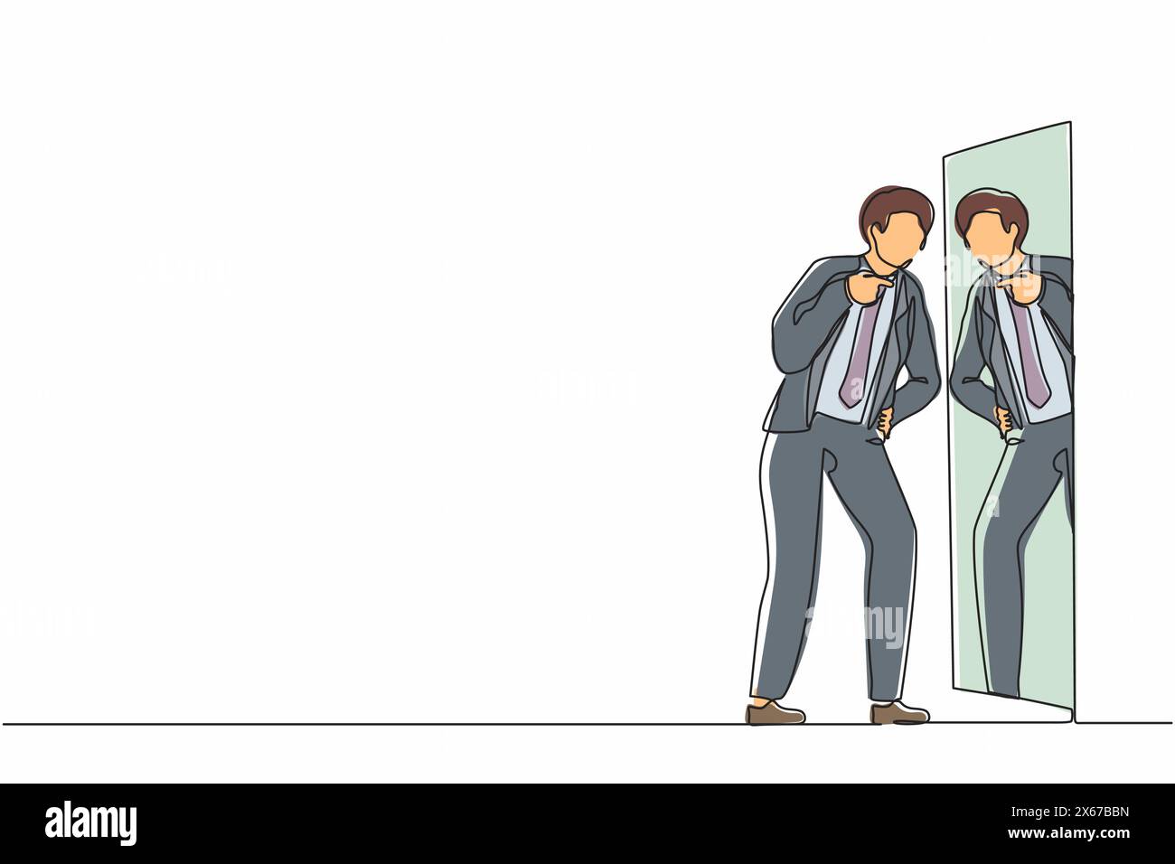 Continuous one line drawing angry businessman fight with mirror ...