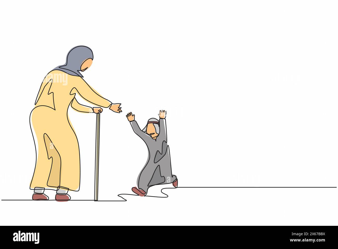 Continuous one line drawing Arabian little boy meeting their ...