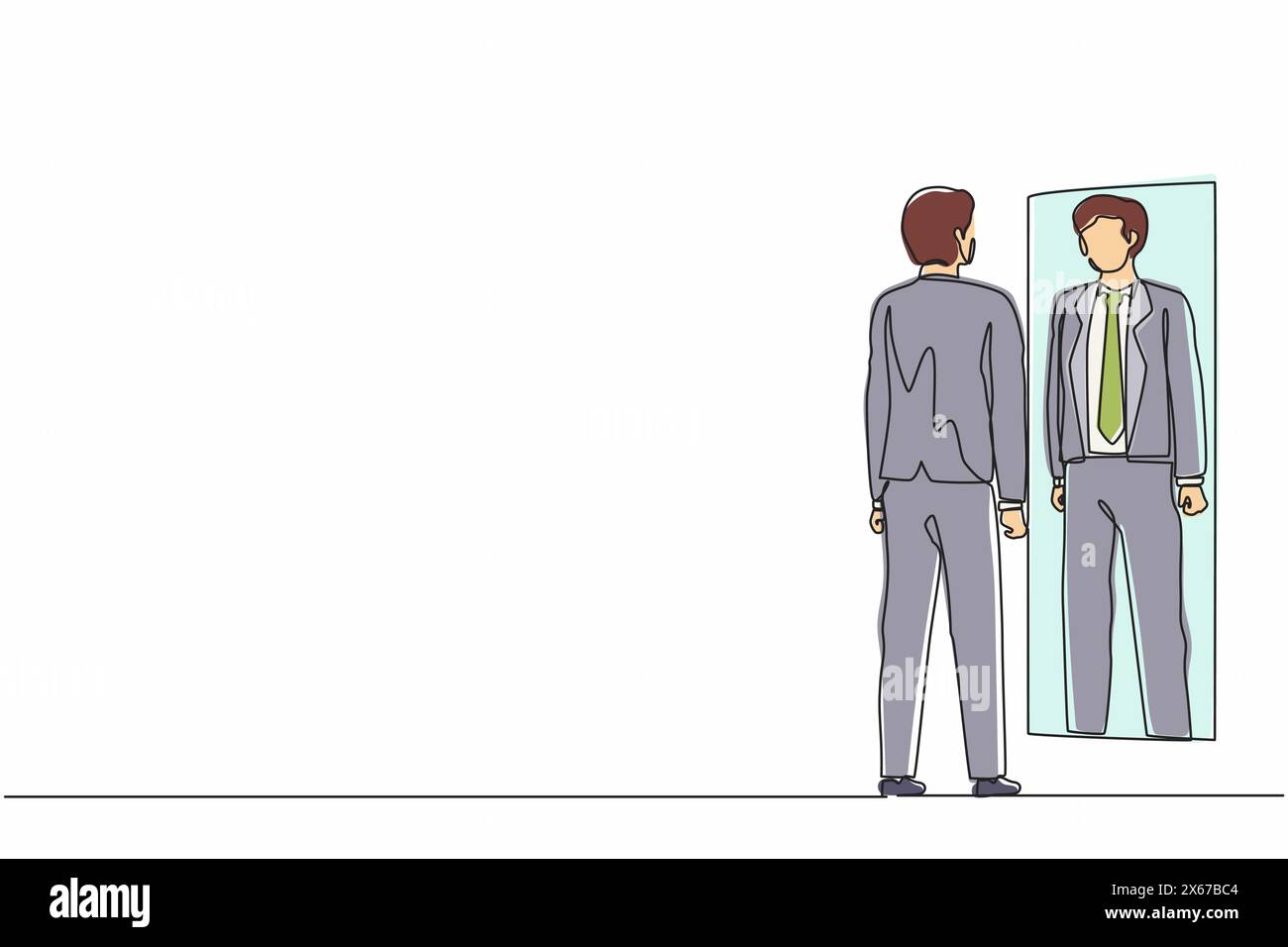 Single one line drawing businessman looks himself in the mirror. Clerk ...