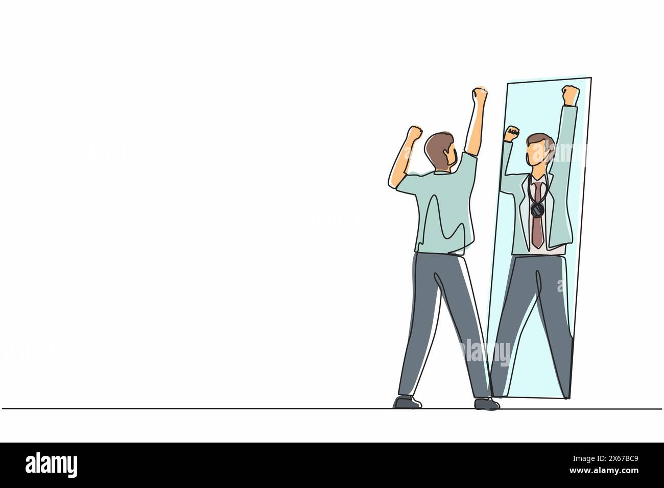 Single one line drawing narcissistic businessman looking at mirror and ...