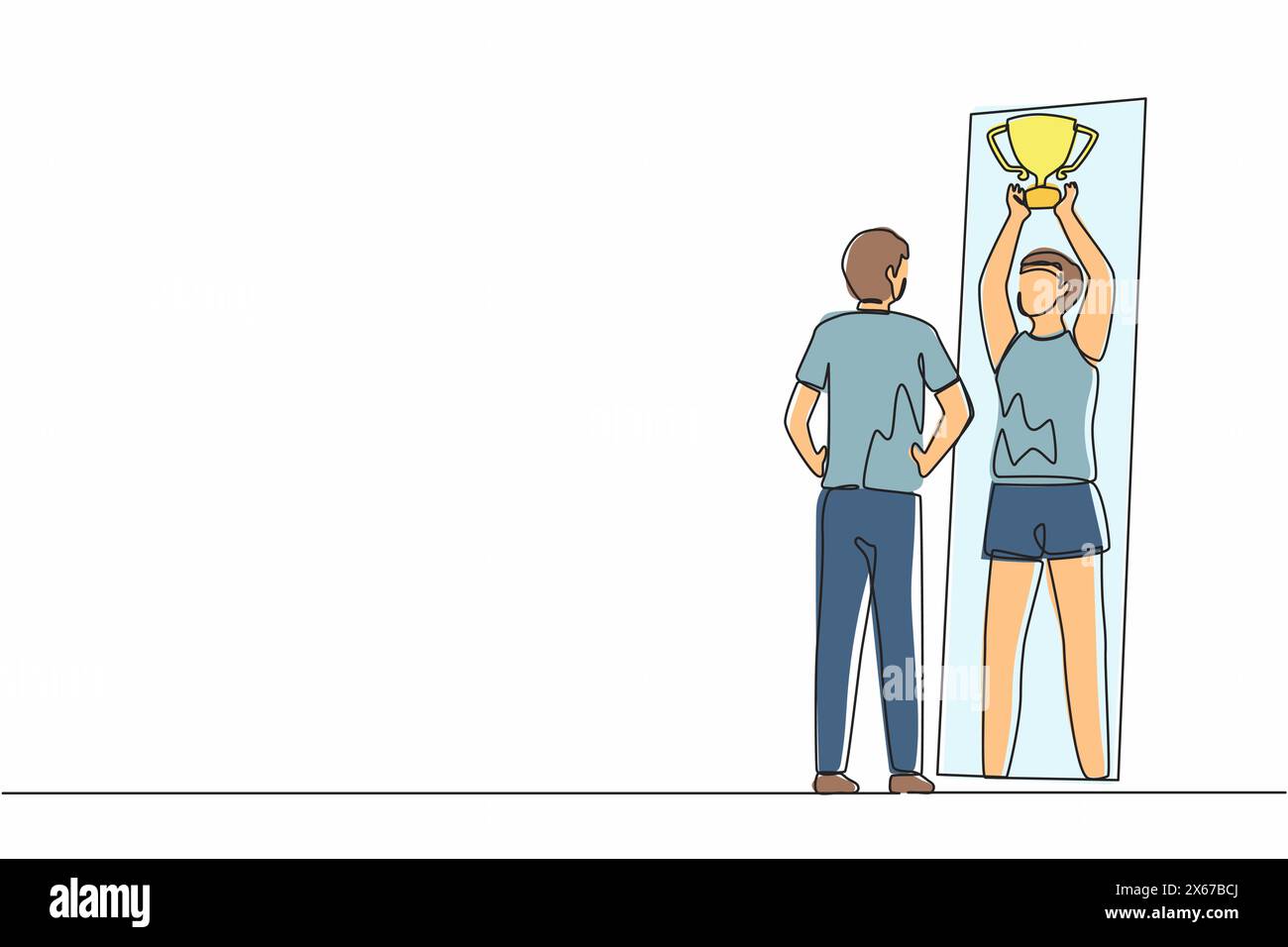 Continuous one line drawing guy standing in front of mirror looking at ...