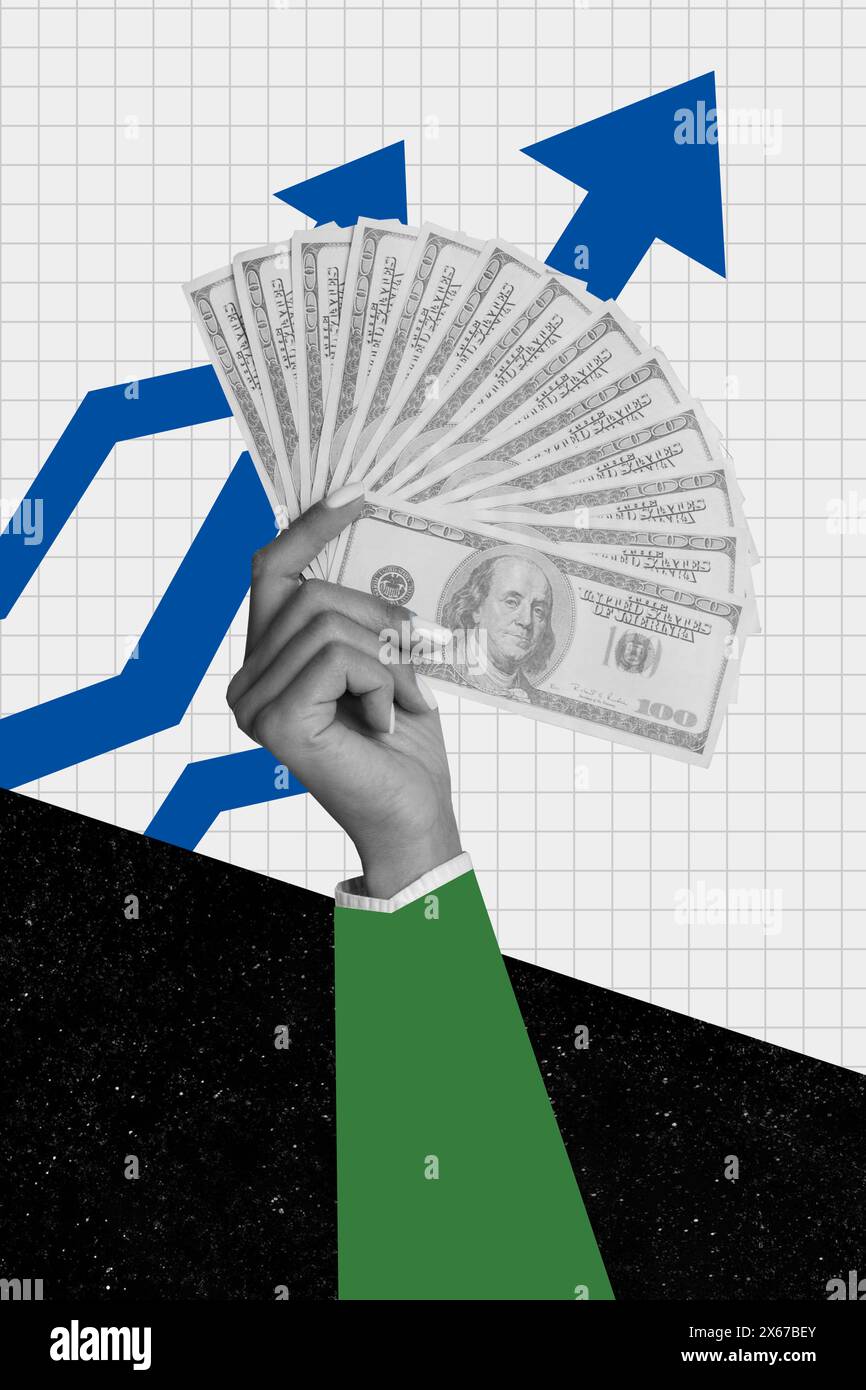 Creative collage of hold banknotes money fan dollars trading financier ...