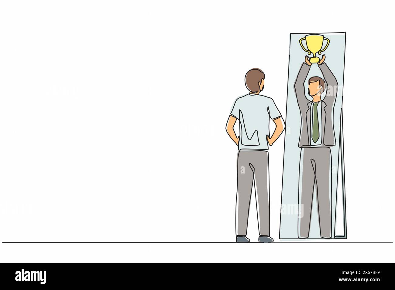 Continuous one line drawing businessman looking himself happy and ...