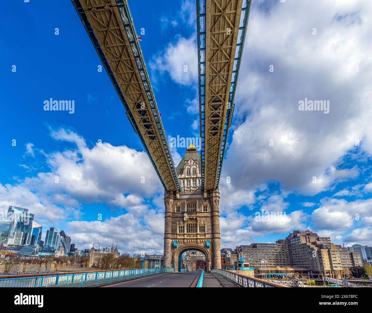 View from below to the corridors and upper platforms of the glass ...