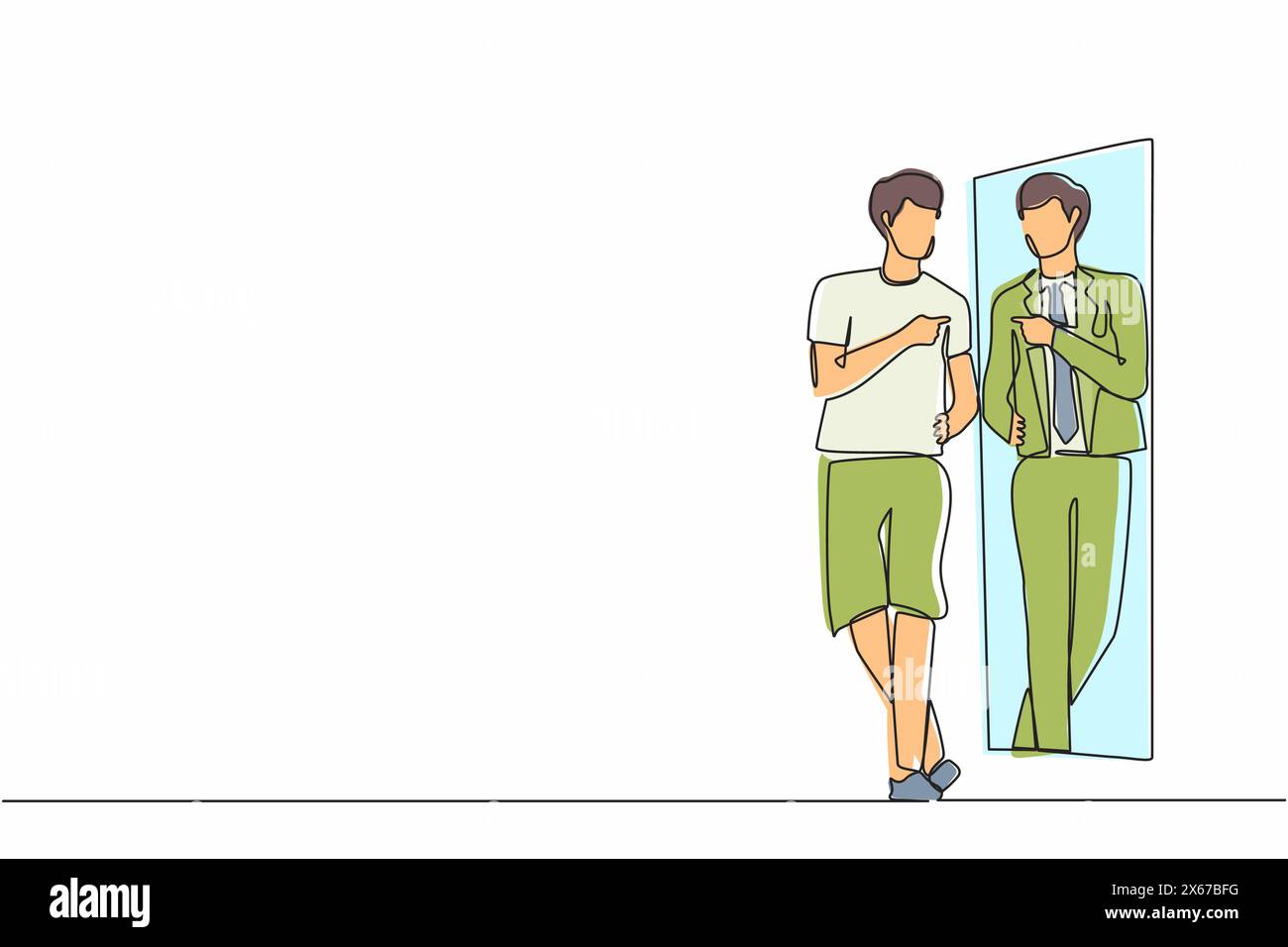 Continuous one line drawing man looking in big mirror see himself as ...