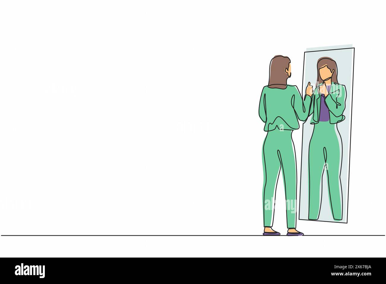 Single continuous line drawing businesswoman loves to look at her ...