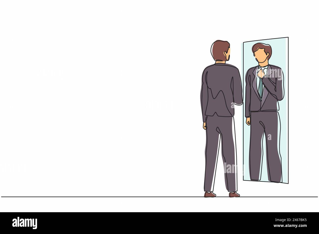 Single continuous line drawing businessman adjusting tie in front of ...