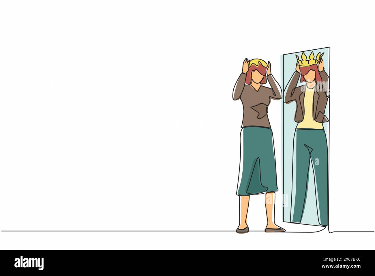 Continuous one line drawing narcissistic businesswoman looking at ...