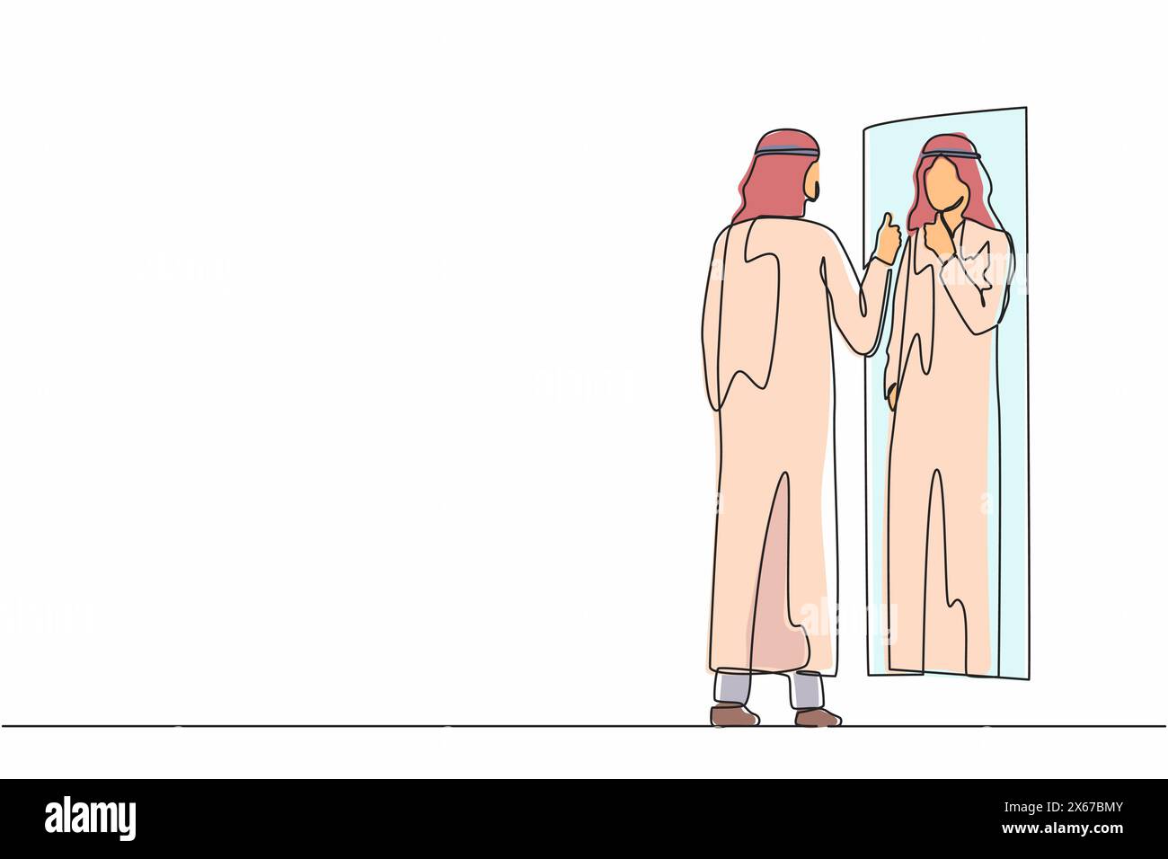 Single continuous line drawing Arabian businessman loves to look at his ...