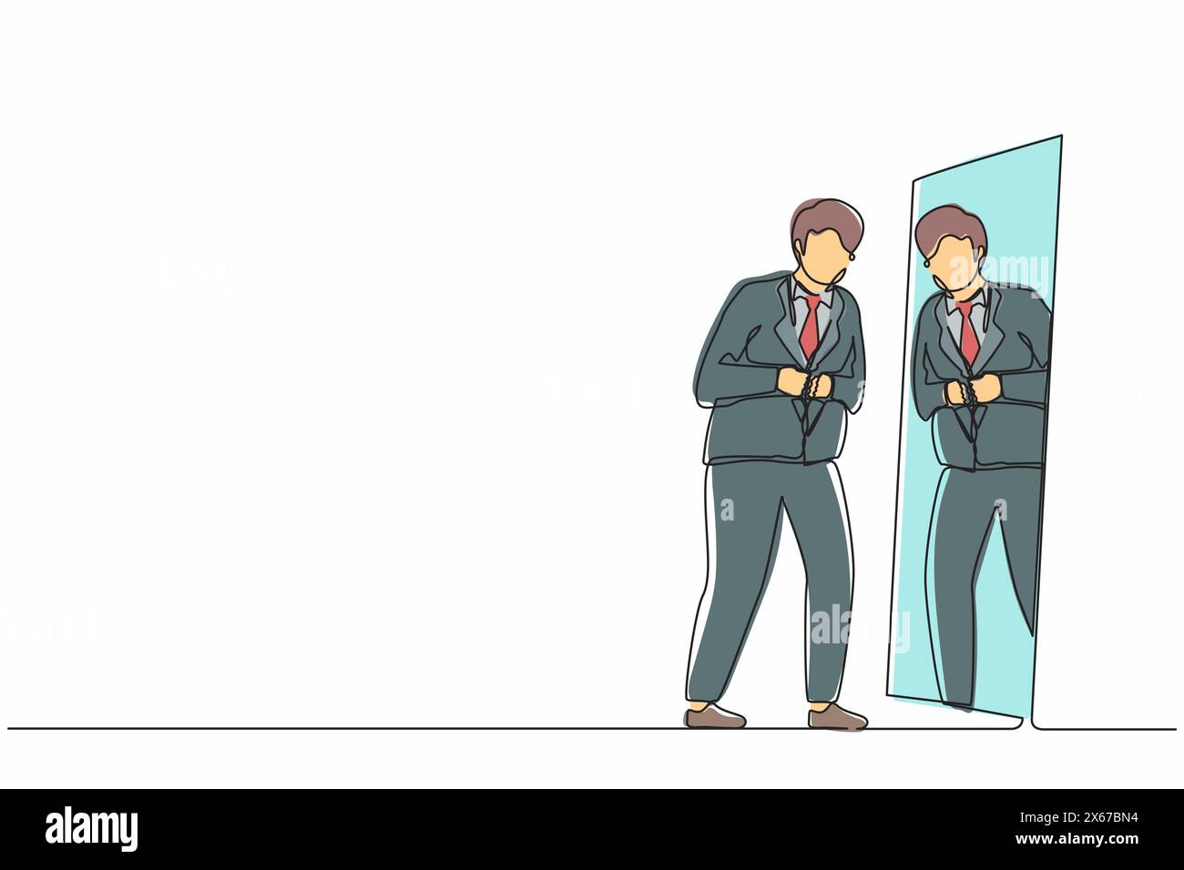 Single one line drawing handsome businessman looking at mirror, look at ...