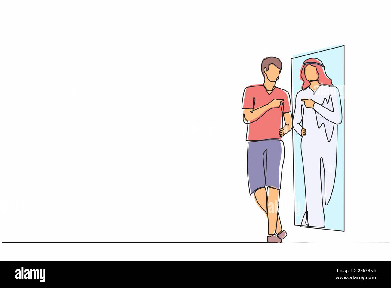 Continuous one line drawing man looking in mirror see himself as ...