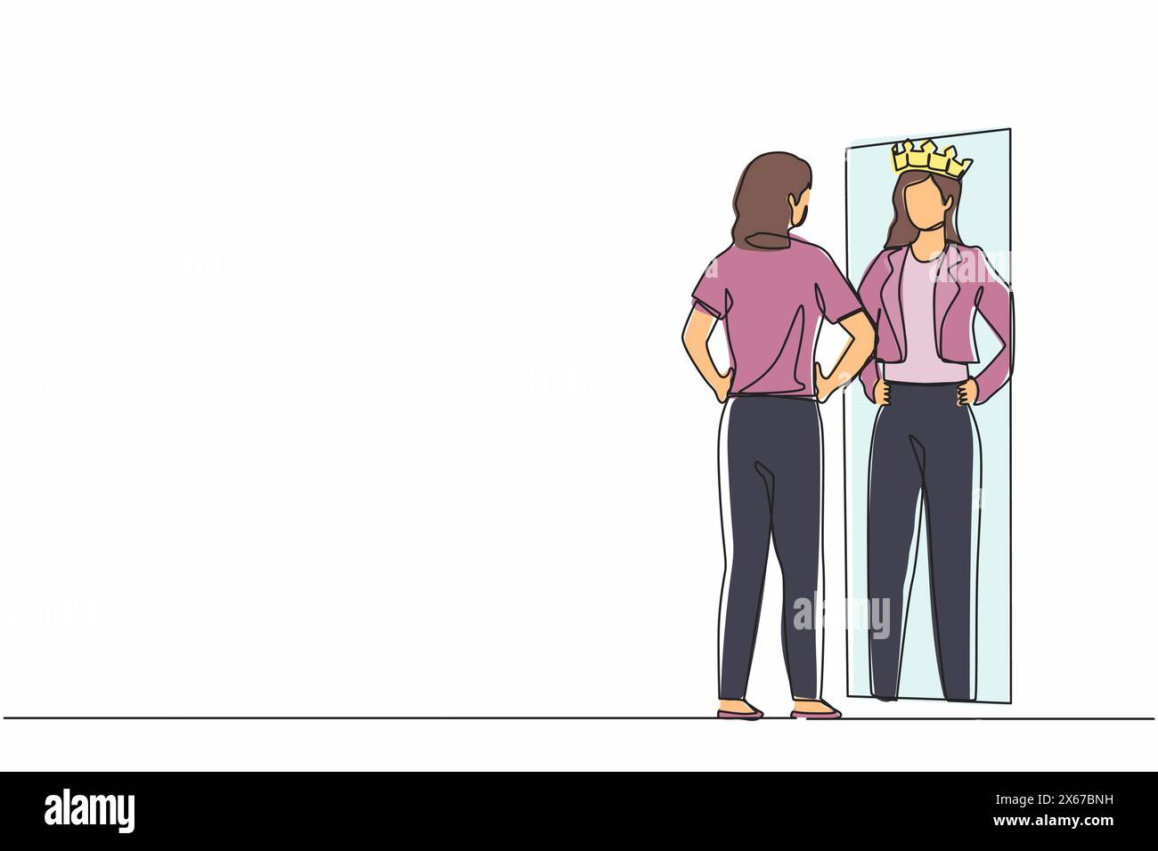 Continuous one line drawing narcissistic businesswoman looking at ...