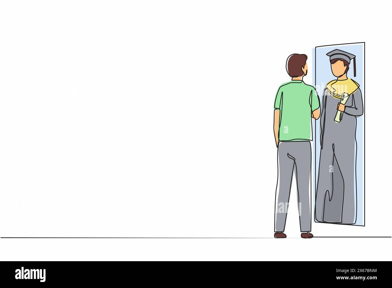 Single one line drawing businessman standing in front of mirror looking ...