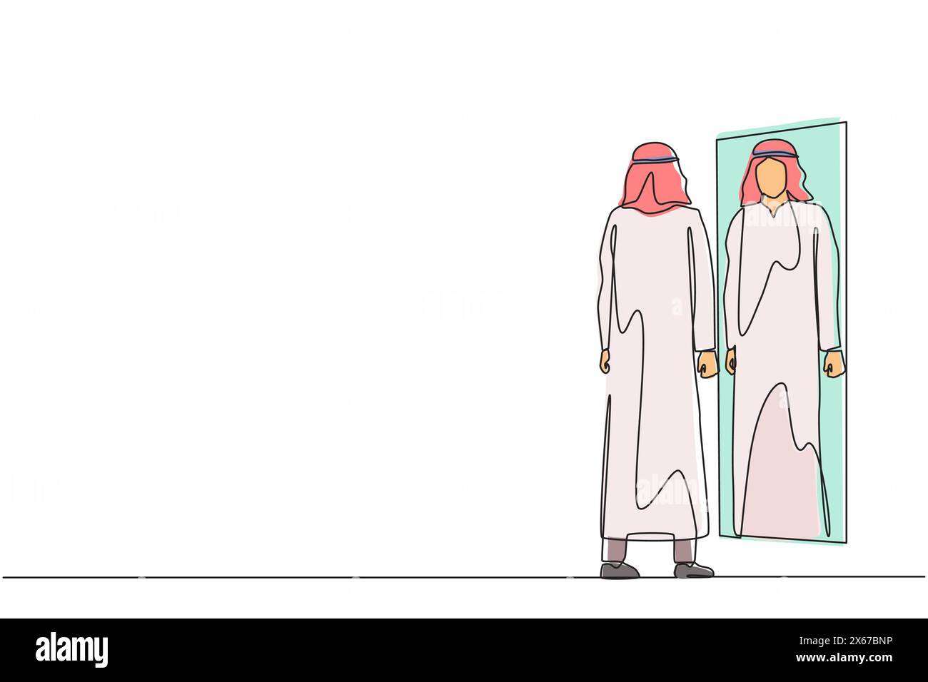 Single one line drawing Arab businessman looks himself in the mirror ...