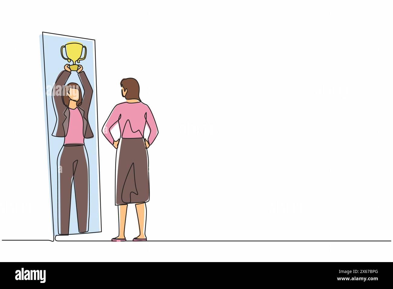 Single continuous line drawing businesswoman looking herself happy and ...