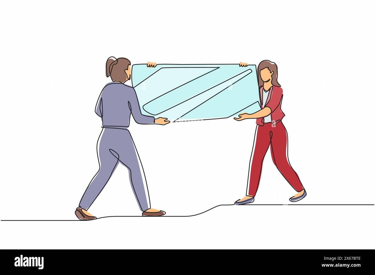 Single continuous line drawing female loaders carrying big mirror to ...